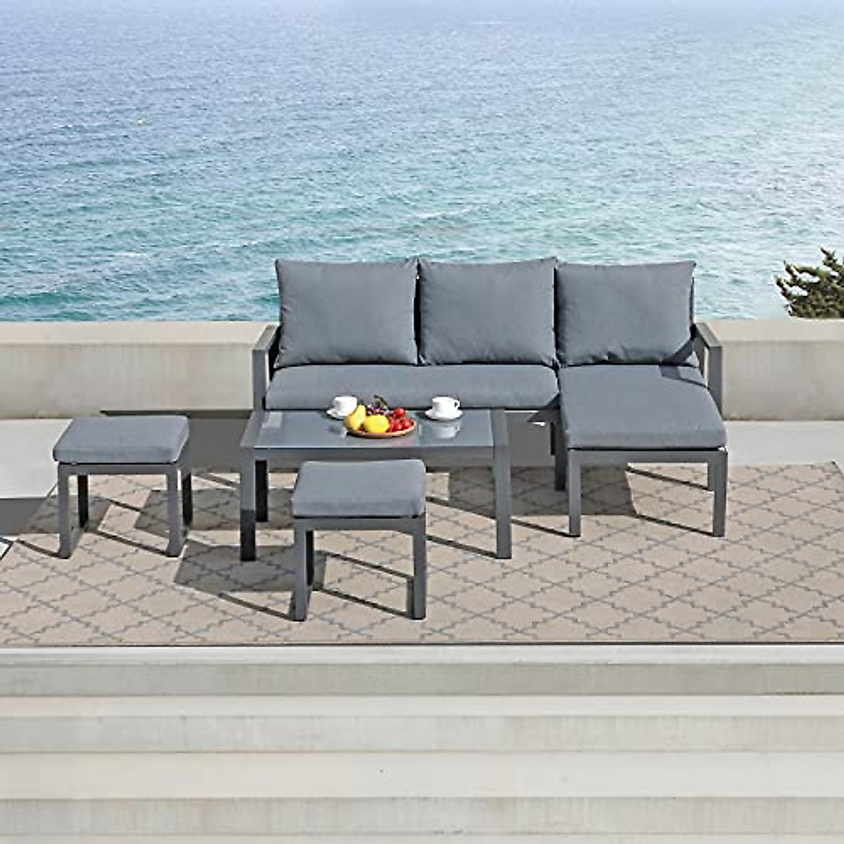 Soleil Jardin Outdoor Ottomans for Patio Set of 2, Assembled Aluminum Outdoor Footstool with Grey Cushions, Small Seat Furniture for Garden Yard Deck Poolside, Dark-Grey Frame