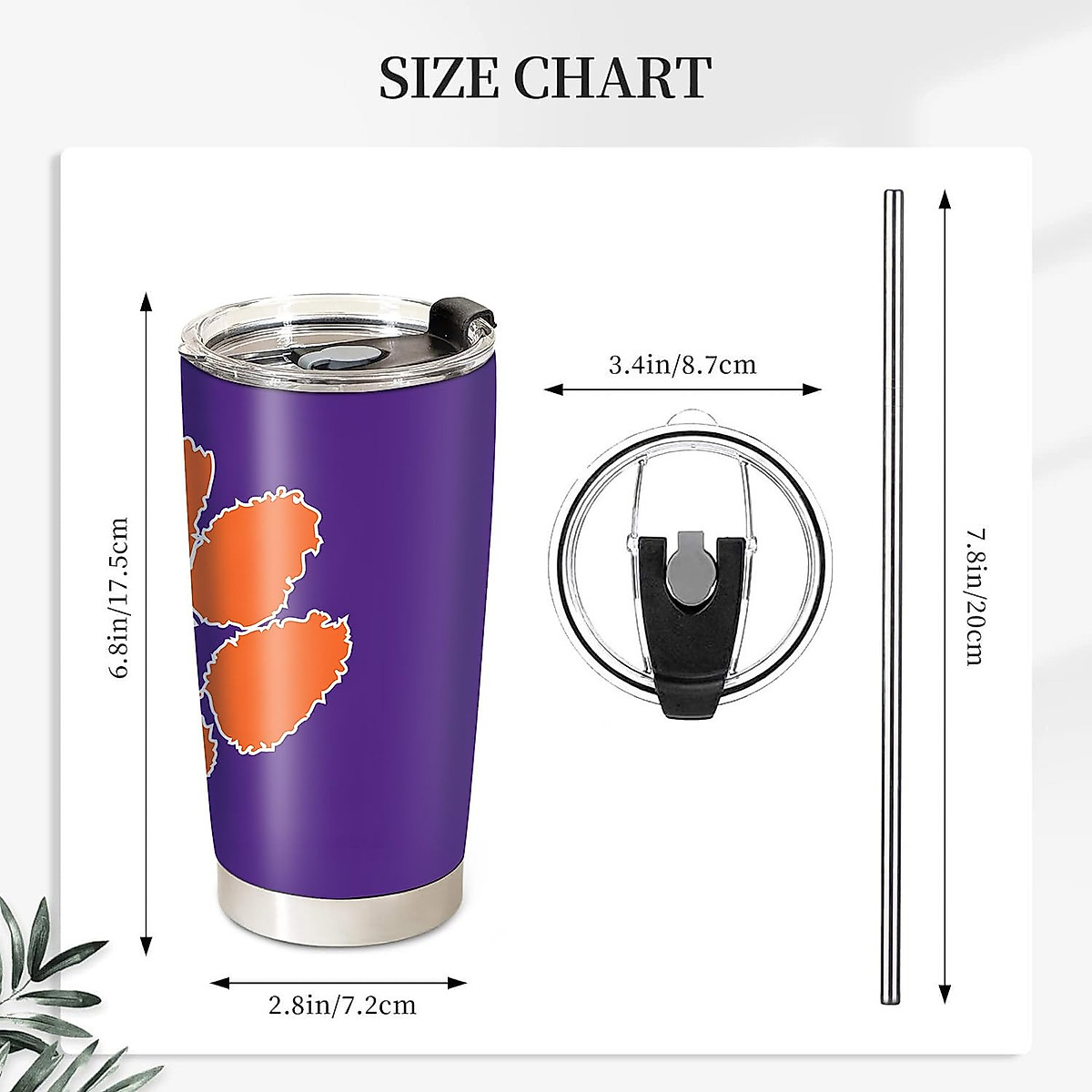 Generic 20oz College Football Tumbler, Stainless Steel Vacuum Travel Tumbler Cup with Lid and Straw, Coffee Mugs Gift for Clemson Drinks