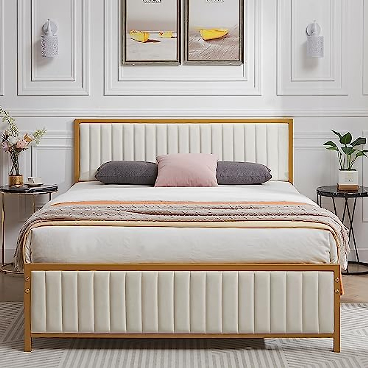 VECELO Queen Bed Frame with Upholstered Tufted Headboard & Footboard, Heavy Duty Steel Slats Platform, No Box Spring Needed, Gold