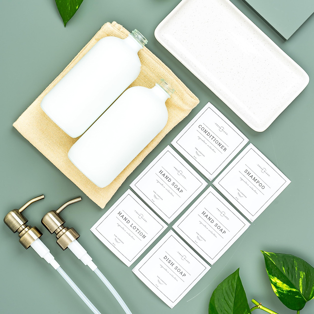 Vine Creations Glass Soap Dispenser, 2 Pack Kitchen Soap Dispenser Set with Ceramic Tray, Stainless Steel Pump, Dish Soap and Hand Soap Dispensers for Bathroom or Kitchen Decor with Waterproof Labels