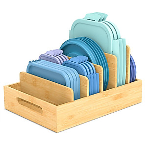 Retro Shaw Bamboo Food Container Lid Organizer for Cabinet & Drawer,Kitchen Cabinet Organizer with 5 Adjustable Dividers for Plastic Lid Storage and Holder,Fit for Kitchen,Home,RVs,Campers,Pantry etc