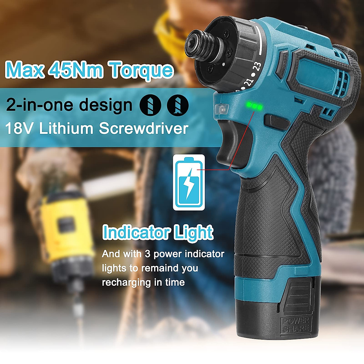 Cordless Screwdriver, Weytoll 18V Electric Screwdriver, Brushless Lithium Screwdriver tool kit, Electric Screw Driver with Torque Adjustable, 2 Speed Control for Mobilephones Computers Home Appliances