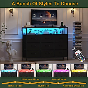 Qupui Tall Dresser with Charging Station and LED Lights, 36'' Tall Dresser tv Stand for up to 55 Inch TVs, 9 Fabric Drawer Dressers for Bedroom, Sitting Room, Hallway, Black