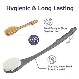 Body Brush Back Scrubber, 17 in Never Mold Back Brush Long Handle for Shower, Exfoliating Brush Dry Brushing Body Brush for Men Women Elderly Deep Exfoliation Soft Glowing Skin (17 '' Dark Grey)