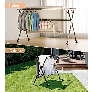 KitchLife Upgraded Clothes Drying Rack with Wheels, No Assembly Required, 63 Inches, Super Heavy Duty 201 Stainless Steel, Adjustable Foldable Laundry Drying Rack