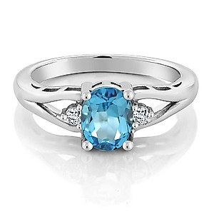 Gem Stone King 925 Sterling Silver Swiss Blue Topaz and White Topaz 3-Stone Ring For Women (1.80 Cttw, Center: 8X6MM Oval, Gemstone Birthstone, Available In Size 5, 6, 7, 8, 9)