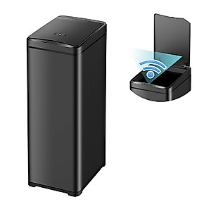 CozyBlock Automatic Trash Can for Kitchen, Black Steel Touchless Motion Sensor Bin, Wide Opening Soft Close Lid, LED Countdown Timer (13 Gallon- Slim Design)