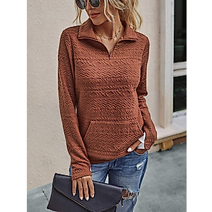 LANREMON Women Long Sleeve Sweatshirt Fashion Quilted Pattern Plain Zipper Pullover Sweatshirts Tops with Pockets