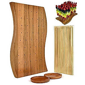 Skewer Holder – Chic Food Display Stands for Party – Ash Wood Pick Board for Parties, Events, BBQs - Food Skewers Board with 2 Ash Bowls and 100pcs Skewers – 11.4 x 7.5 x 0.8-inch