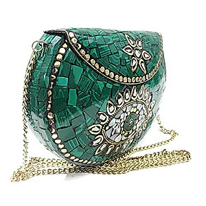 stone mosaic metal bag antique ethnic bridal clutch Indian purse party clutch women bag (Turquoise)