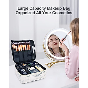 Luxtude Travel Makeup Bag Organizer Large Makeup Train Case Leather Cosmetic Case Organizer Portable Artist Storage Bag with Adjustable Dividers for Women Cosmetics Brushes Toiletry etc. (Marble)