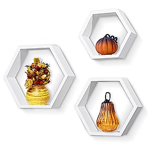 ZGZD White Floating Shelves Hexagon Wall Organizers Display Hanging Shelf for Room, Kitchen, Office, Set of 3