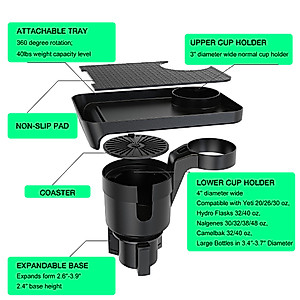 SEVEN SPARTA Car Cup holder Expander&Tray for Compatible with Yeti 20/26/30 oz, Hydro Flasks 32/40 oz, Nalgenes 30/32/38/48 oz, Camelbak 32/40 oz, Large Bottles in 3.4''-3.7'' Diameter.
