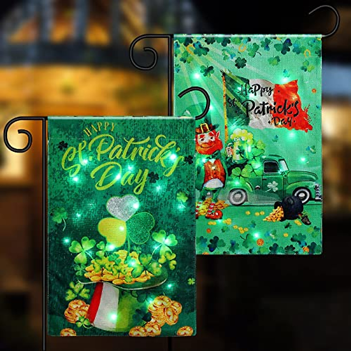 St Patricks Day Garden Flag with Lights, Irish Garden Flag Leprechaun Sat in the Irish Green Truck Flags, Shamrock Hat Flag Double Sided Yard Flags for Lawn Garden Outdoor Decorations (12 x 18 Inch)