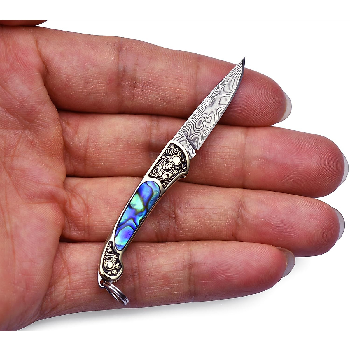 JPCRMOV Mini Pocket Knife Damascus Keychain for Women, Small Folding Knife EDC Compact Knife, Abalone Shell Handle, Blade Length 1.06", Weighs only 9 Grams