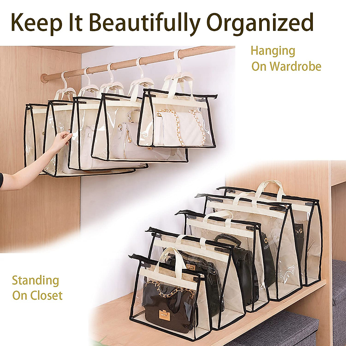 ENOCH Handbag Storage Organizer Dust Cover Bags for Handbag & Purse, Sturdy PVC Organizer for Wall Shelf & Closet, with Zipper and Handles(XL)