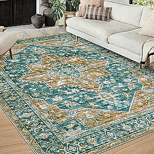 CAREMEE Area Rug 5x7 Vintage Medallion Distressed Carpet for Living Room Indoor Soft Bedroom Rug Low Pile Washable Rug Non-Slip Backing Floor Cover Foldable Thin Rug Home Floor Decor Green
