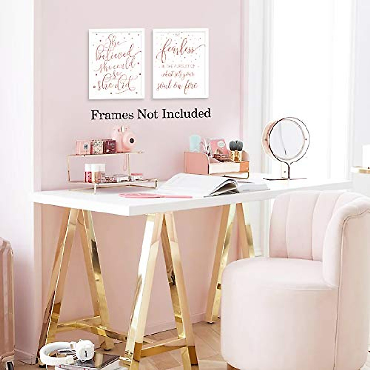 She Believe She Could So She Did-Be Fearless in The Pursuit of What Sets Your Soul On Fire with Polka Dot Rose Gold Foil Print,Inspirational Quote Cardstock Art Print (Set of Two,8x10 inch,UNFRAMED)