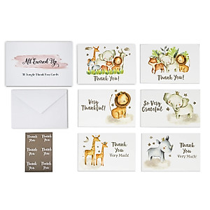 36 Safari Thank You Cards Boxed With Envelopes and Stickers, Kids or Baby Shower Thank You Note, Jungle Greenery Gold 4x6 Varied Zoo Animal Giraffe Gratitude Card Pack For Party, Girl Boy Children Birthday Stationery
