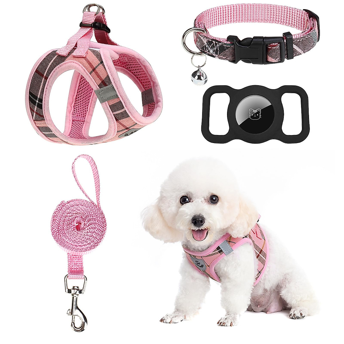 EXPAWLORER Classic Plaid Puppy Harness - Small Dog Harness and Leash Set - Dog Collar and Leash Set with AirTag Holder, Soft Padded Step in Dog Vest Harness No Pull Reflective for Outdoor, Pink S