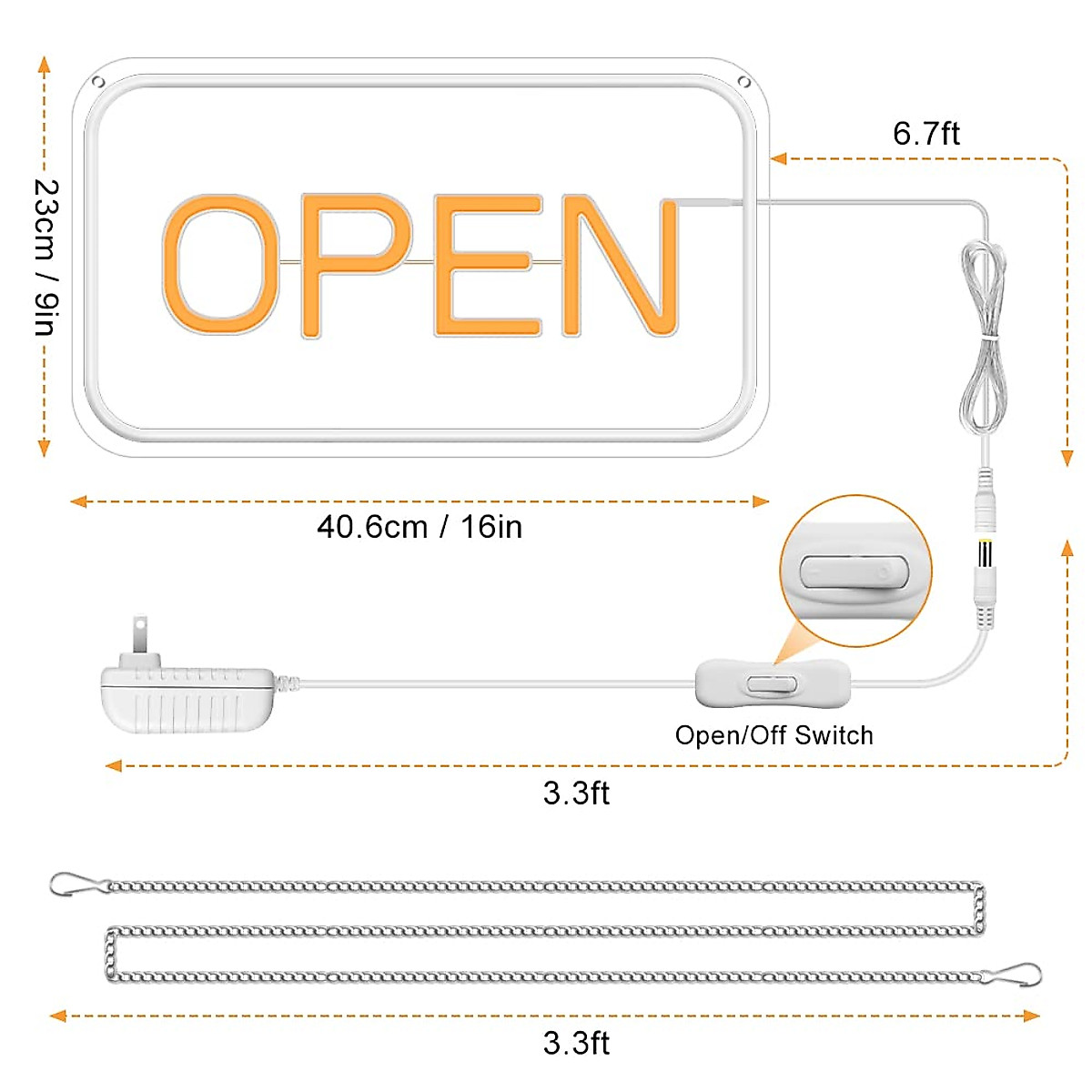 LED Open Sign 16x9 inch, 12V Super Bright Open Signs for Business, Open Neon Sign for Window Party Wall Shop Salon Club Hotel, (Yellow& White), with ON/OFF Switch & Adapter, Horizontal