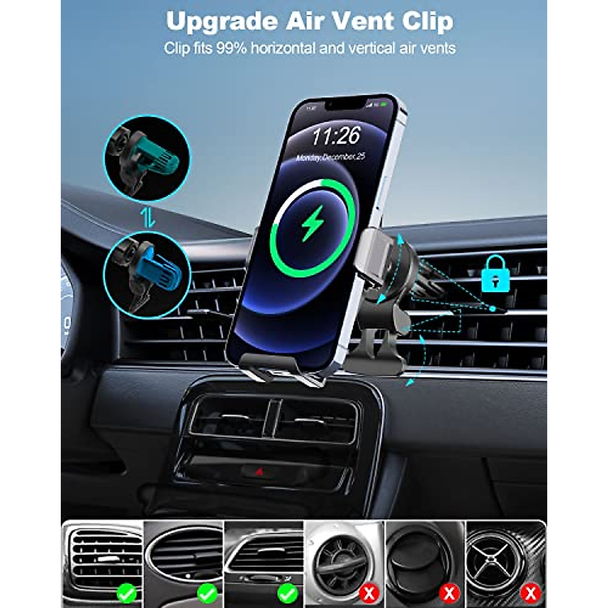 Wireless Car Charger, BelPel 15W Qi Fast Charging Auto-Clamping Car Charger Mount, Air Vent Car Charging Phone Holder for iPhone 14/13/12/11 Pro Max Series, Galaxy S22/S21, Clearance