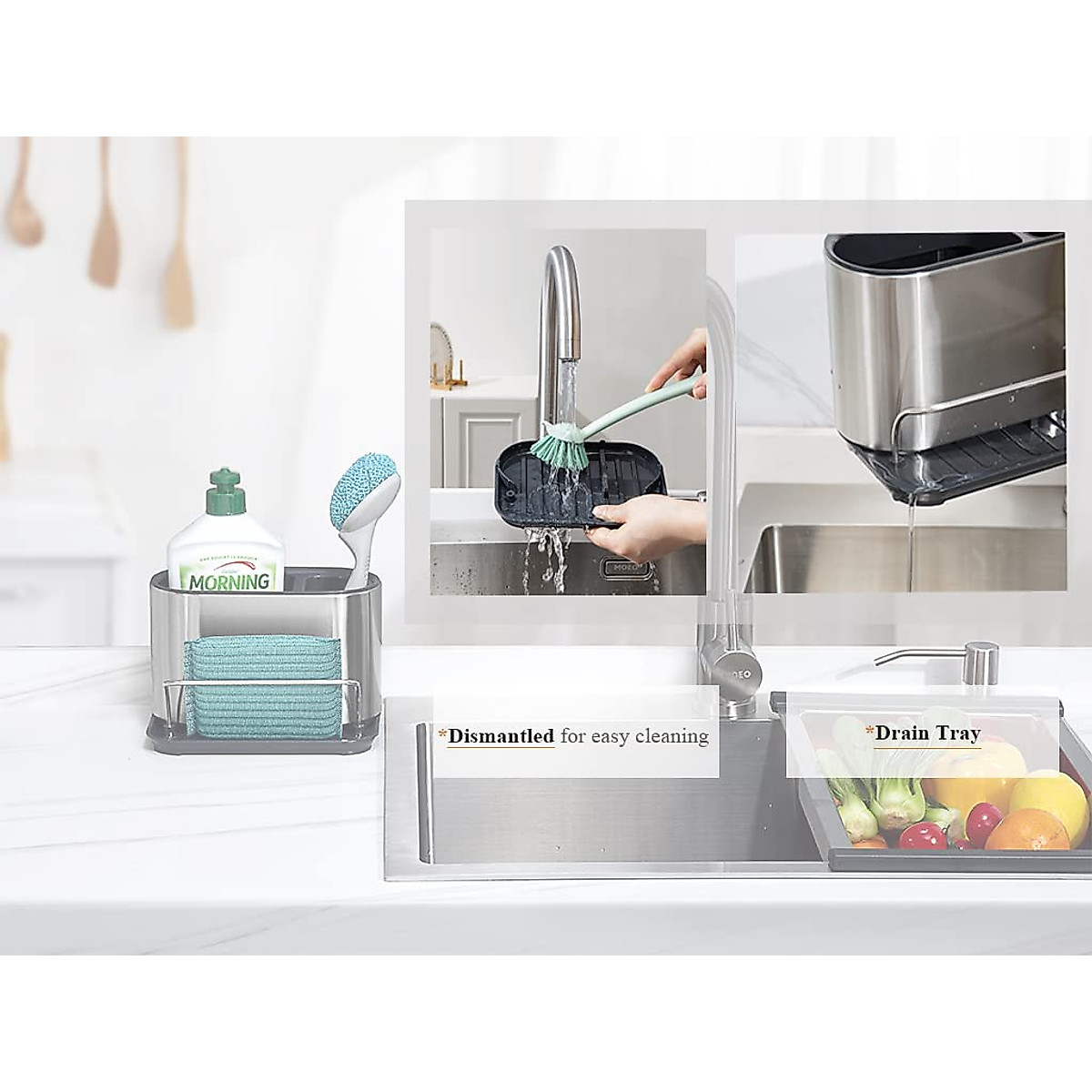 Alta by AuggieChino Sink Caddy, Sponge Holder for Kitchen Sink, Kitchen Organizer, Sink Brush Holder, Dish Soap Holder, Stainless Steel