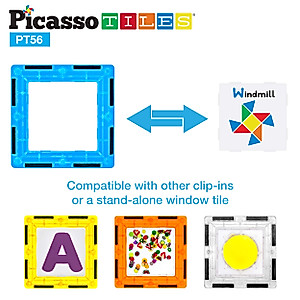 PicassoTiles Magnetic Building Blocks with Tiles and Educational Artwork Graphic Click-in Inserts Magnet Construction Toy Set STEM Learning Kit Playset Child Brain Development PT56