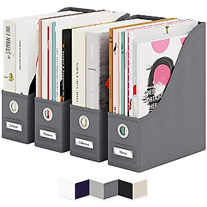 NEATERIZE Magazine Holder 4 PACK - File Holder and Book Organizer Set - Paper Tray Organizer Homeschool Book Box for Students and Teacher Organization - Vinyl Records Shelf Storage Bins - (Grey)