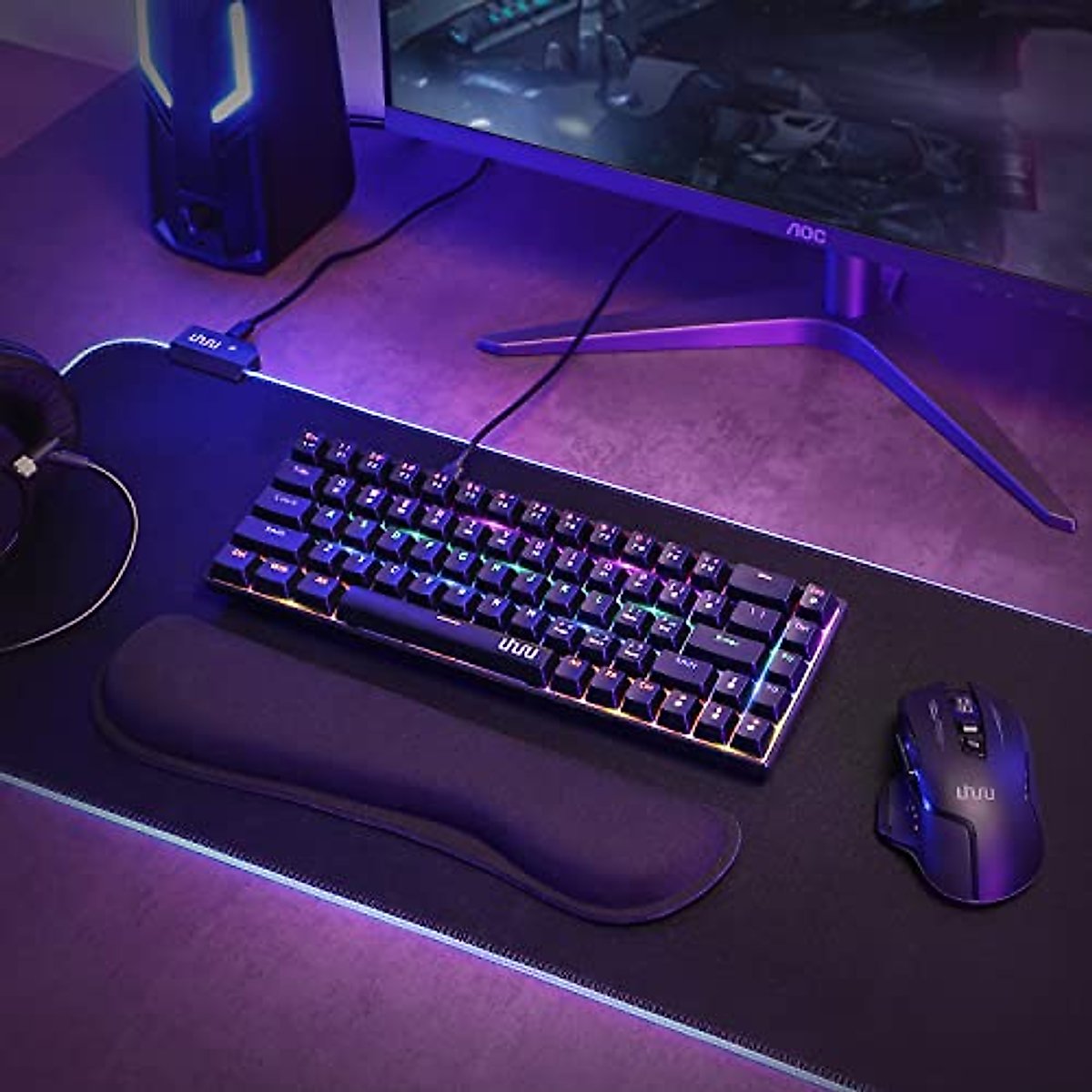 UHURU Mechanical Gaming Keyboard, UMK-100 Wired 60% 68 Keys Mechanical Keyboard with Palm Rest, Blue Switches, 20 RGB Backlights, Full Keys Anti-ghosting, Pro Driver Supported