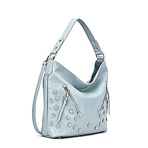 Mellow World Monserrat Floral Studded Slouchy Motor Style Hobo Handbag for Women with Removable Strap,Seafoam