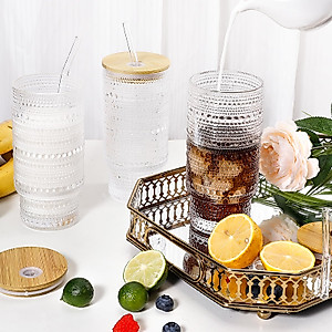 CWHHRN 16OZ Glass Cups with Lids and Straws, Vintage Embossed Glassware for Whiskey Cocktail Beer, Iced Coffee Cups with Lid, Glass Tumbler with Straw and Lid (2 PACK)