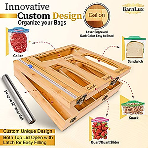 BarnLux 5 in1 Ziplock Bag Storage Organizer & Wrap Dispenser with Cutter - Premium Bamboo Baggie Organizer for Drawer, Anti-Cushion Bottom, Wall Mounted, Varnished Surface, 1 Box,13" x 14.5" x 3.7"