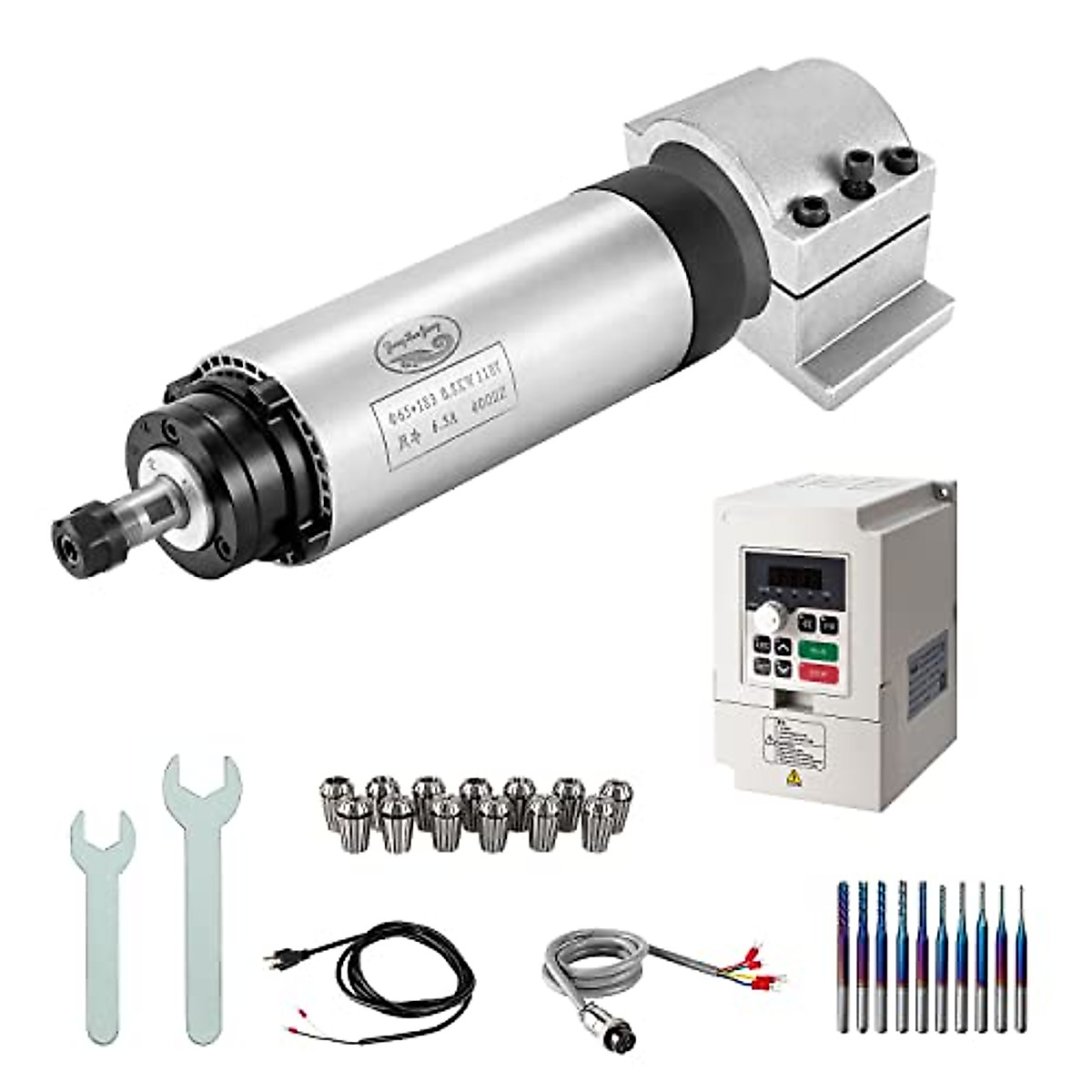 CNC Spindle Motor Kits, 110V 800W 0.8KW Air Cooled Spindle CNC Spindle +110V 0.75KW VFD+Φ65mm Clamp Mount +Collet Set ER11+ Drill bits+ Wires+ Wrenches for CNC Router Machine