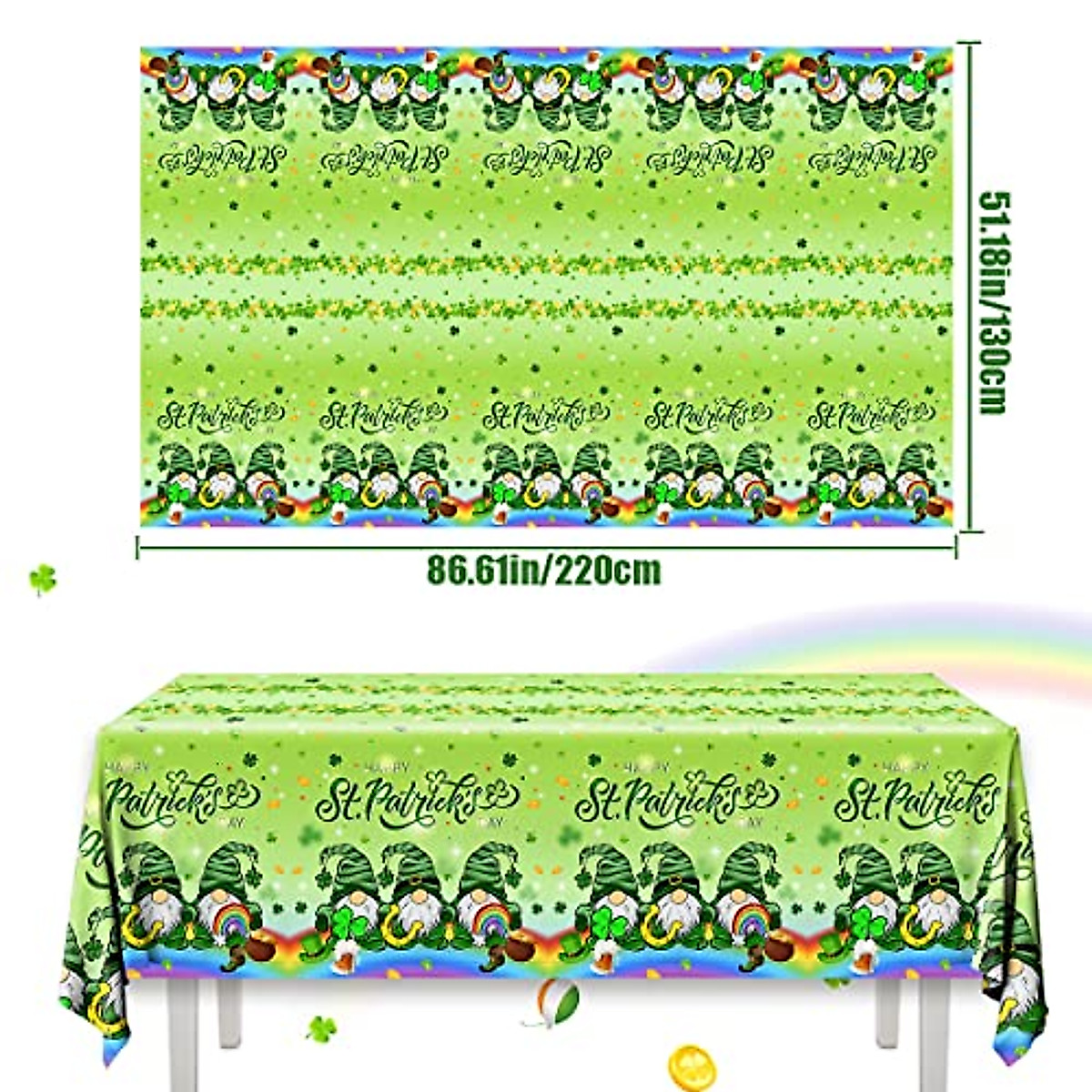 HAKOTI 3 Pieces St. Patrick's Day Tablecloth - Lucky Clover Gnome Tablecloth Irish Holiday Party Supplies Disposable Plastic Rectangular Waterproof Table Cover for St. Patrick's Theme Party