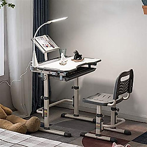 Kids Desk and Chair Set,Height Adjustable Ergonomic Children Sturdy Table with Drawer,Light,Metal Hook and Tilt Desktop for Boys Girls (Gray)