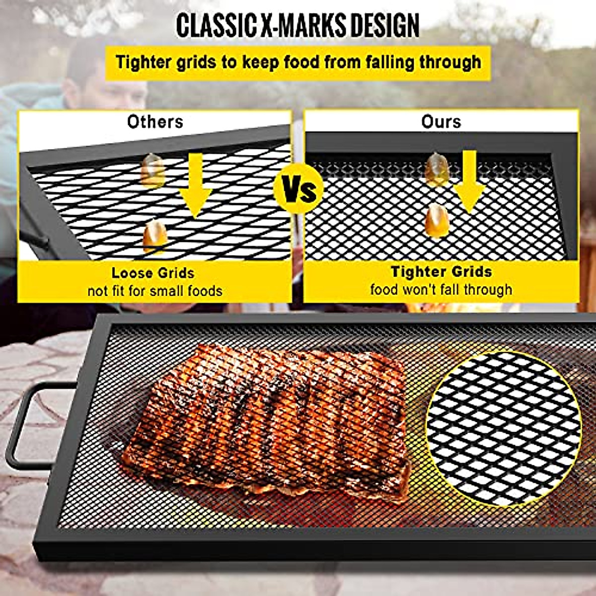 VEVOR Rectangle Fire Pit Grate, X-Marks Rectangle Grill Grate, Black Steel Fire Grate, Fire Pit Cooking Grate with Handles, Fire Grill Grate for Fire Pit, (44 x 15-inch)