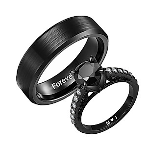 Personalized Promise Rings for Couples Custom Matching Rings for Him and Her Men Sets Wedding Titanium Engagement Ring Women's 2pc Black Gold Filled Cz Wedding Bands Gift for Her