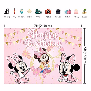 Cartoon Baby Mouse Backdrop Kids 1st 2nd Birthday Pink Mouse Theme Party Photography Backdrop Girls Baby Shower Cake Table Decoration Background (7x5ft)