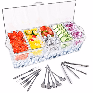 FODIENS 5 Compartment Condiment Server, Ice Chilled Condiment Containers with Lid, Clear Condiment Caddy Serving Tray on Ice with 5 Serving Spoons 5 Fruit Forks 2 Serving Tongs