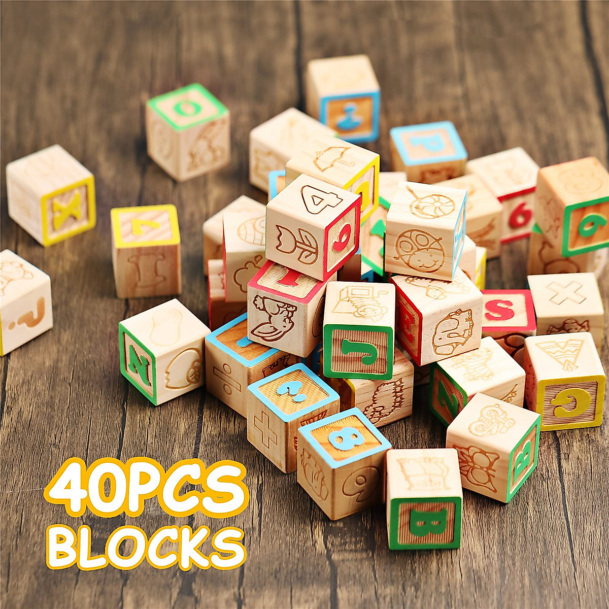 SainSmart Jr. Wooden ABC Alphabet Blocks Set, 40PCS Classic Wood Toy for Stacking Building Educational Learning, with Mesh Bag for Preschool Letters Number Counting for Ages 3 4 5 6 Toddlers,1.2"
