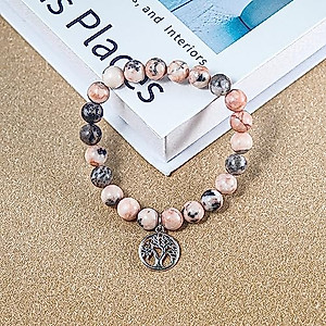 Natural Stone Beaded Apple Tree of Life Pendant Bracelet with Message Card for Women Men Teacher Strench Cord Teacher Appreciation Bracelet Teachers' Day Jewelry Retirement Gift-I pink tree