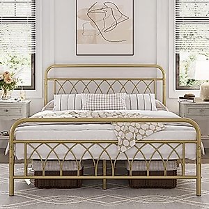 Yaheetech Queen Bed Frame Metal Platform Bed with Petal Accented Headboard/Footboard/14.4 Inch Under Bed Storage/No Box Spring Needed,Antique Gold