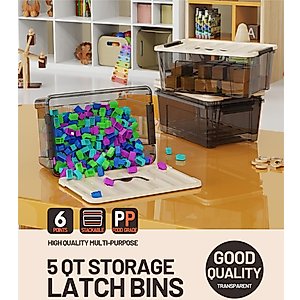 WYT Small Clear 5-Quart Plastic Storage Container Bin with Khaki Secure Lid and Black Latch Buckles, Durable Stackable Nestable Organizin, 6-Pack