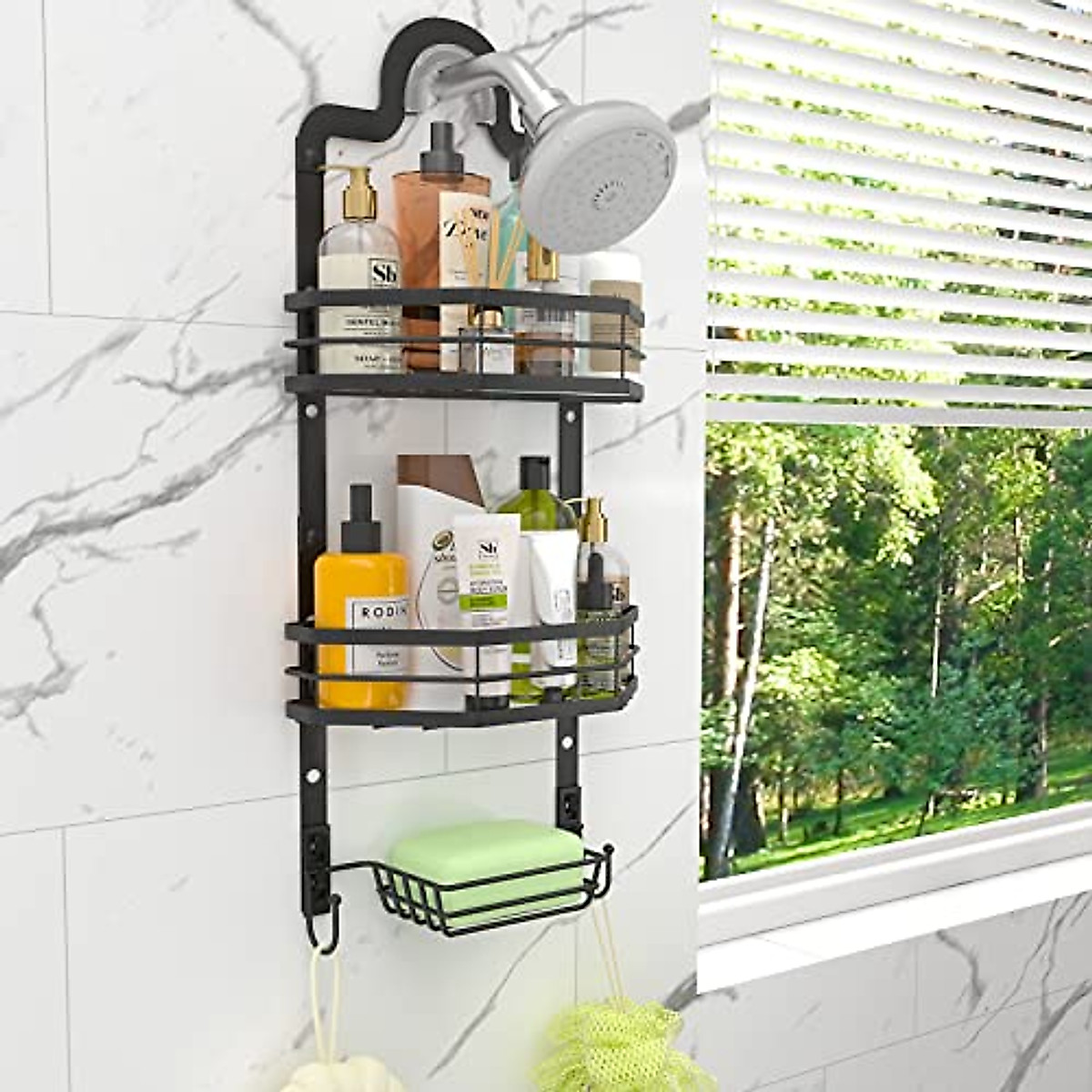 GILLAS Hanging Shower Caddy,Over Head Shower Caddy Rustproof, No Drilling Shower Storage Rack Organizer for Towels, Sponge, Shampoo, Black