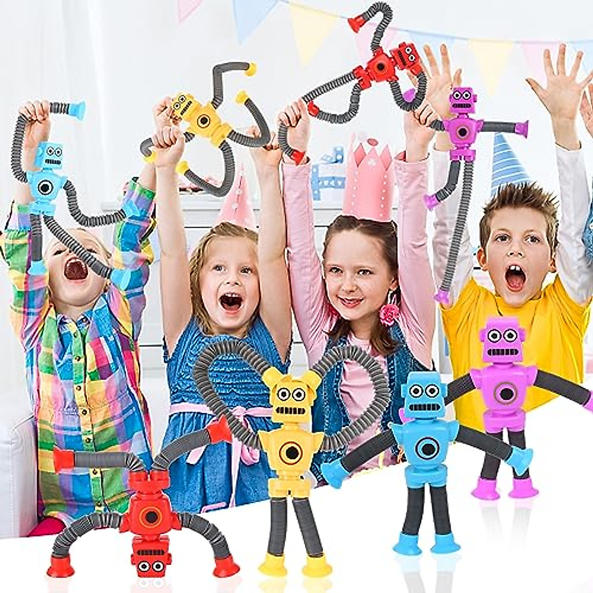 GOHEYI 4 Pack LED Pop Tubes Robot Toys, Telescopic Suction Cup Robot Toys, Robot Fidget Toys for Kids, Sensory Toys for Autistic Children, Gifts for Boys Girls