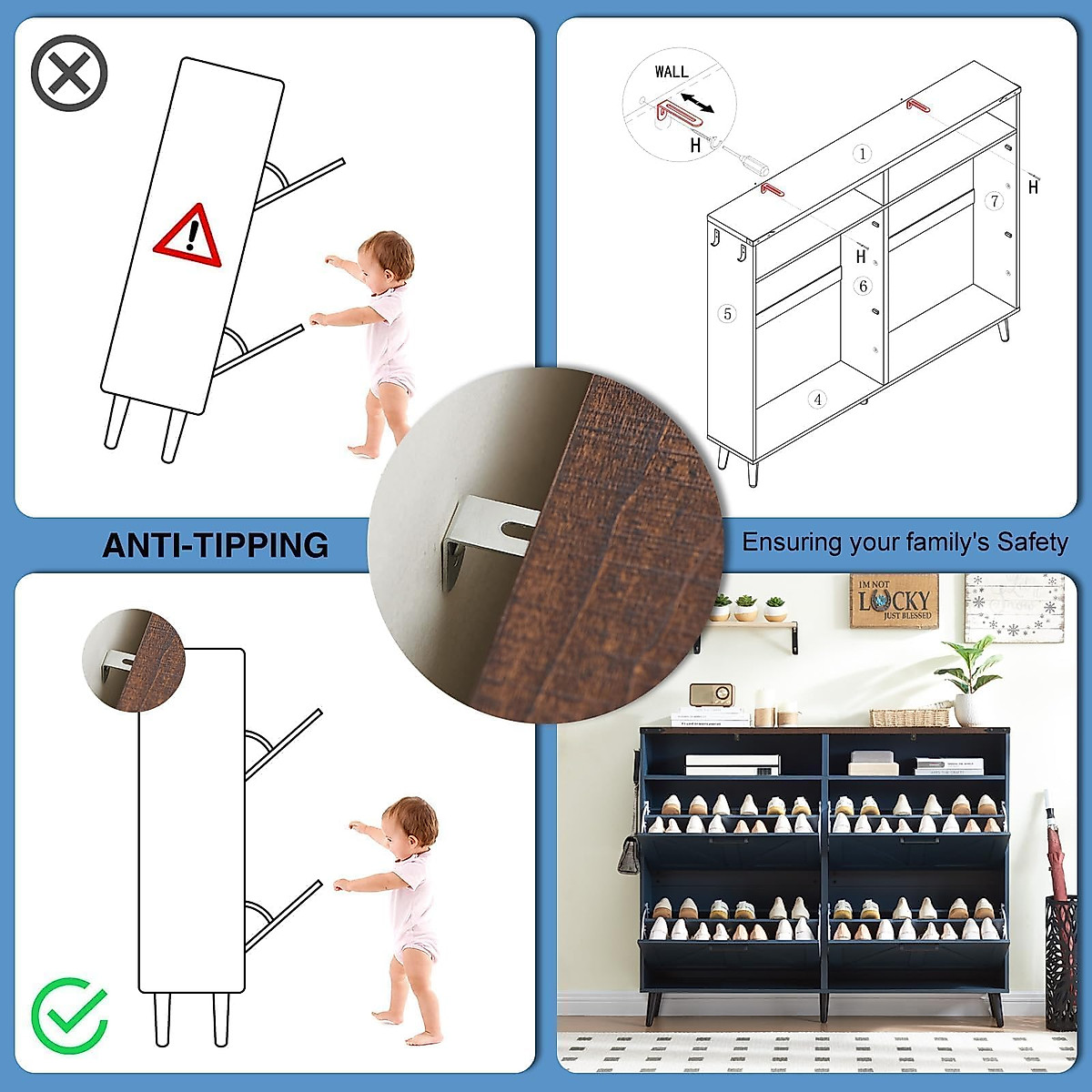 Barnyatoh Shoe Storage Cabinet,Farmhouse Shoe Organizer with 4 Flip Drawers & Barn Door Design,Freestanding Hidden Slim Narrow Shoe Rack Cabinet with Open Shelves for Entryway,Foyer,Hallway,Blue
