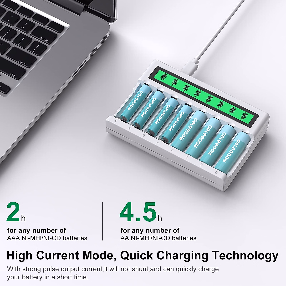 Deleepow Rechargeable AAA Batteries NiMH 1.2V 1100mAh Triple A Batteries 8 Pack with 8 Slot LCD Charger