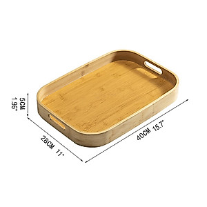 MysRuida Bamboo Serving Tray with Handles, Medium Nature Bamboo Breakfast Dinner Tray, Wooden Tea Coffee Food Tray for Kitchen, Living Room, Bar, Parties, 15.7 inch L x 11 inch W x 1.96 inch H