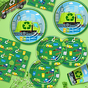 Xigejob Garbage Theme Trash Truck Birthday Party Supplies, Garbage Truck Party Decorations Dinnerware, Plate, Cup, Napkin, Waste Recycling Trash Truck Party Supplies For Birthday Baby Shower, Serve 24